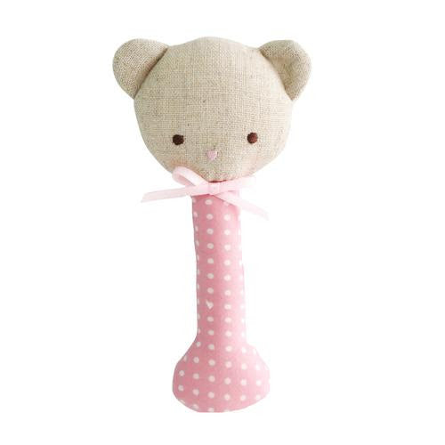 Baby Bear Stick Rattle Pink with White Spot