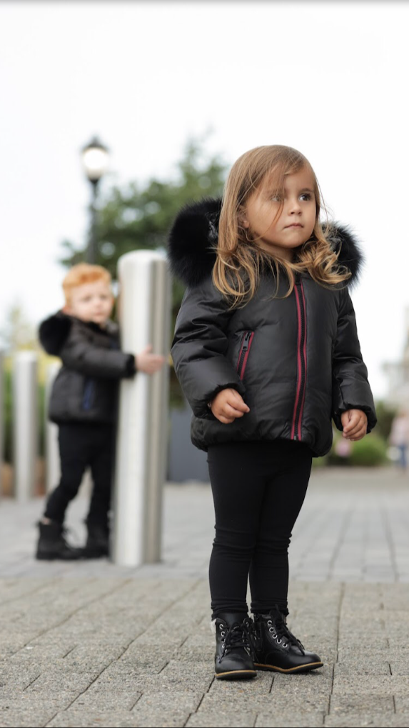 Little Girls Black Down Jacket with Red Trim | PRAMIE